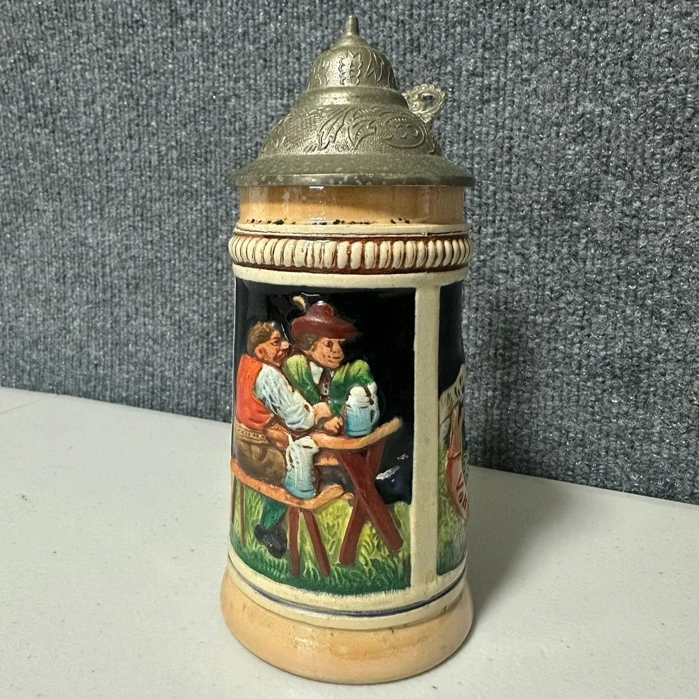 Dining | Vintage German Beer Stein With Pewter Lid Relief Tavern Scene ...